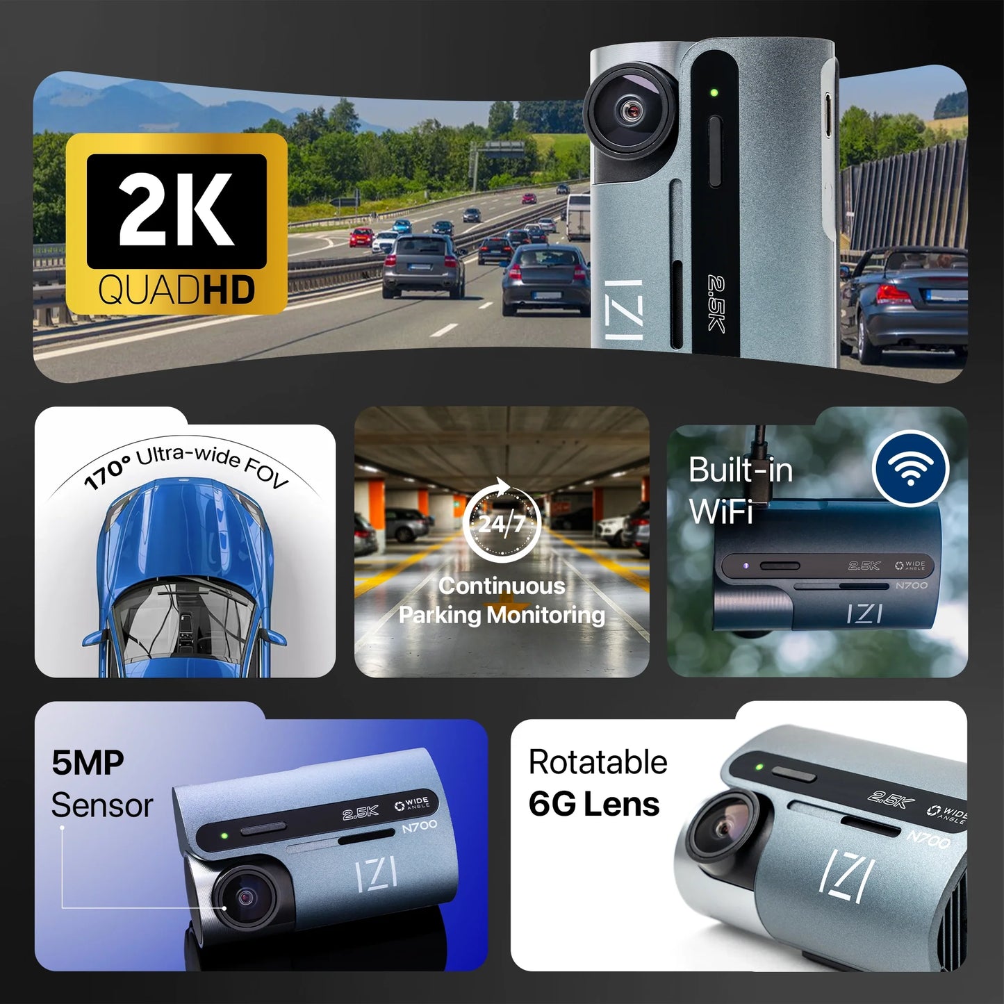 IZI N700 5 MP Car Dashboard Camera, 2.5K, Night Vision, WiFi, 512GB St ...